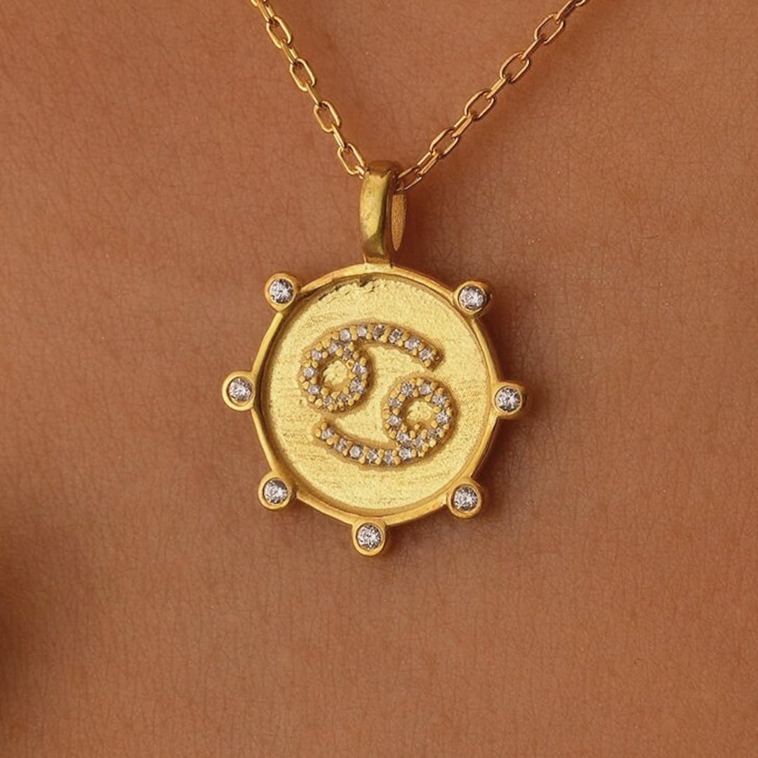 10k 14k 18k Solid Gold Zodiac Cancer Sign Necklace, Personalized Cancer ...