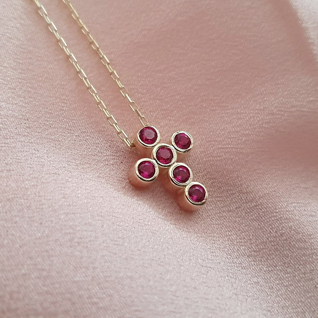 Solid Gold Ruby Cross Necklace, Tiny Cross Ruby Charm Necklace, Religious Jewelry Gift for ...