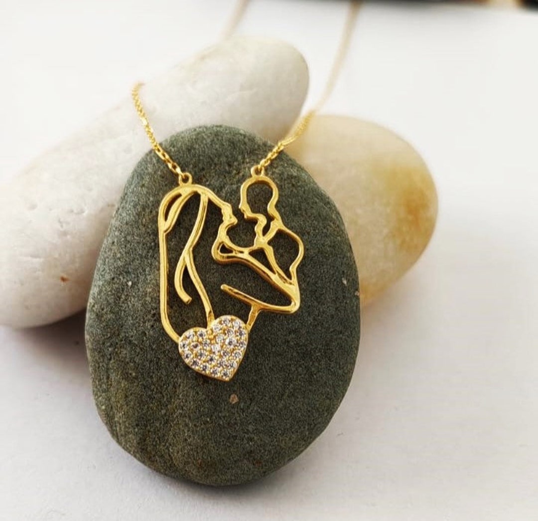 10K 14K 18K Solid Gold Mother Baby Necklace, Gold Mom Necklace, Gold ...