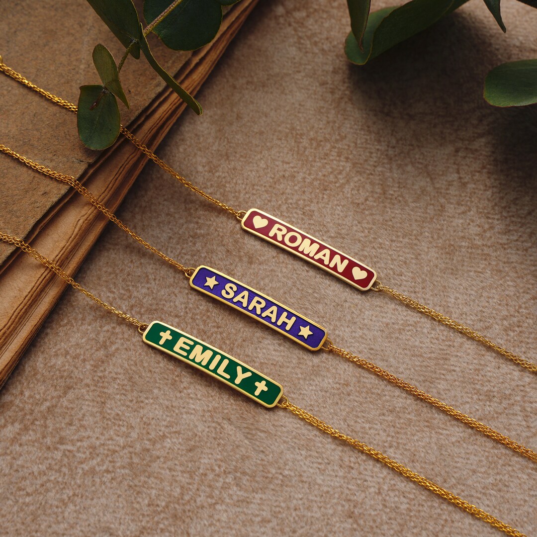 10k 14k 18k Solid Gold Name Bar Bracelet, Personalized Enamel Name ...