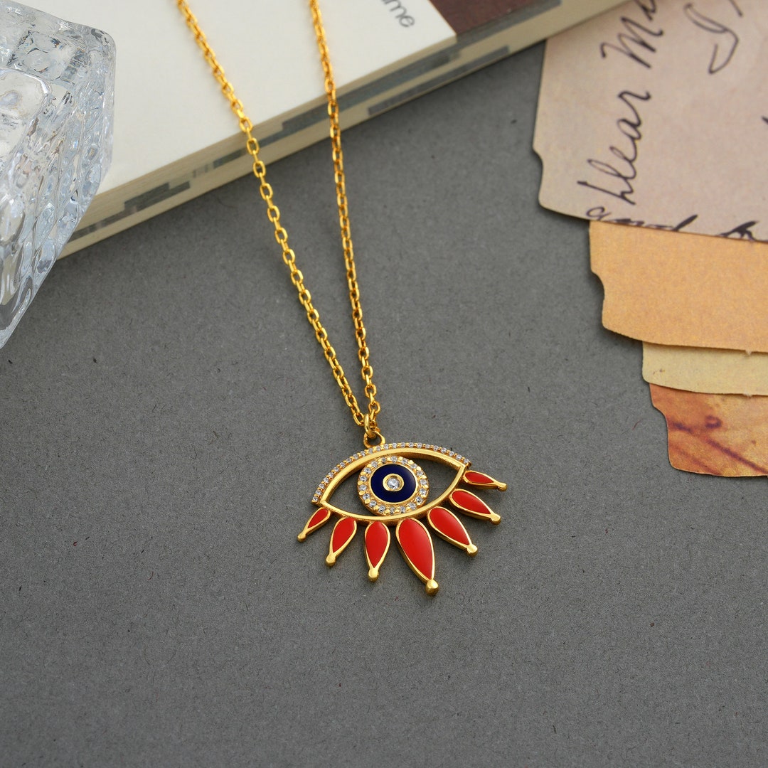 10k 14k 18k Solid Gold Evil Eye Necklace, Dainty Protection Charm ...