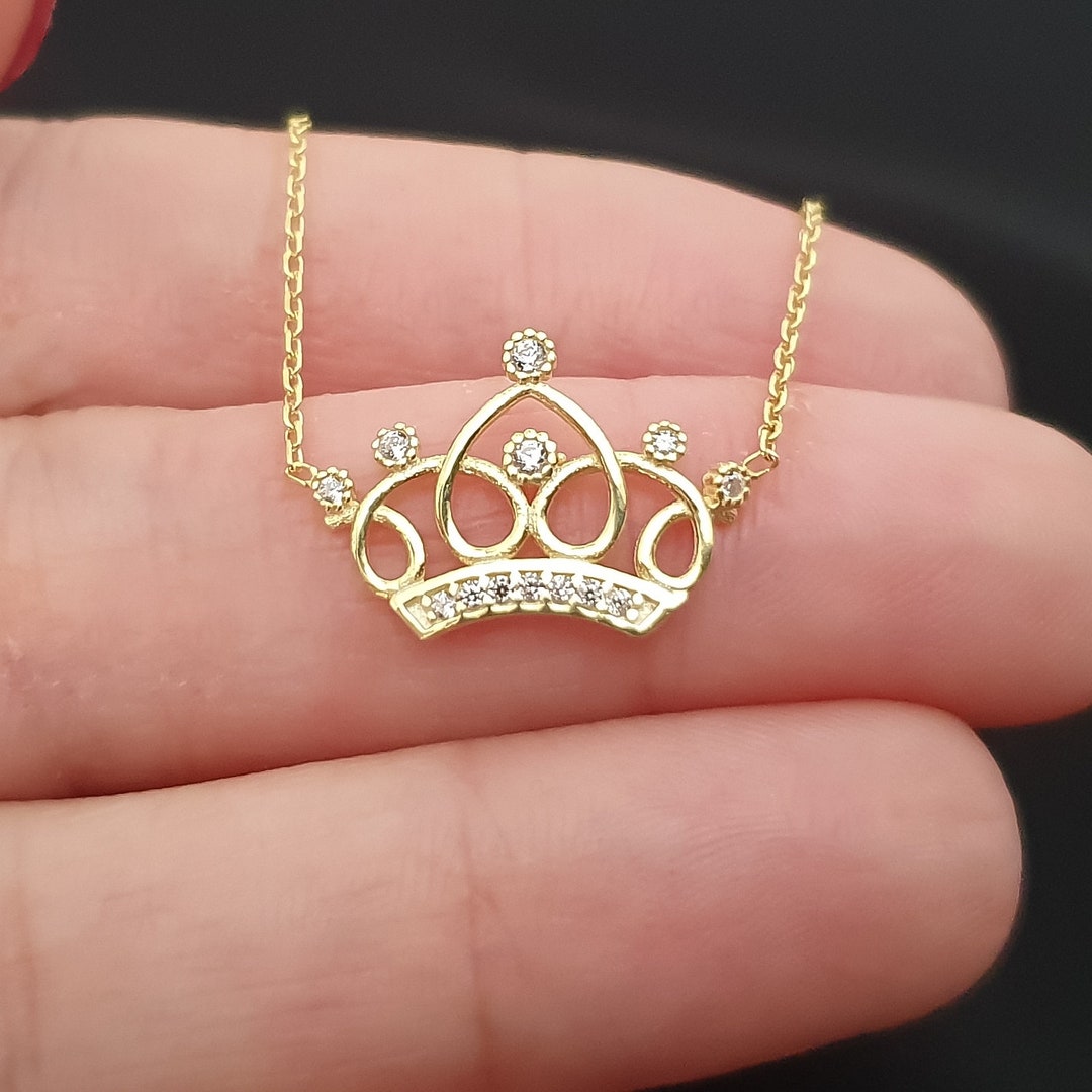 10k 14k 18k Solid Gold Queen Crown Necklace, Tiny Crown Charm Necklace ...