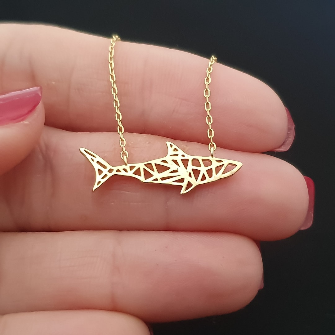10k 14k 18k Solid Gold Shark Charm Necklace, Dainty Shark Origami ...