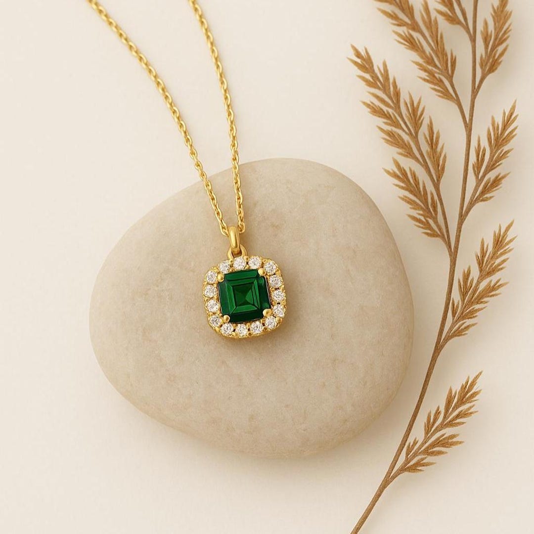 14k Solid Gold Square Cut Emerald Necklace, 18k Gold Green Emarald Halo ...