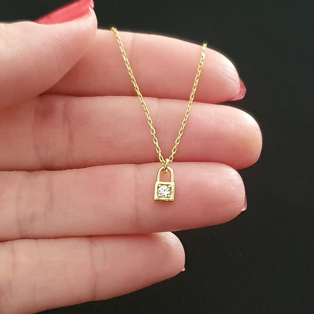 10k 14k 18k Solid Gold Tiny Lock Necklace, Dainty Padlock Charm ...