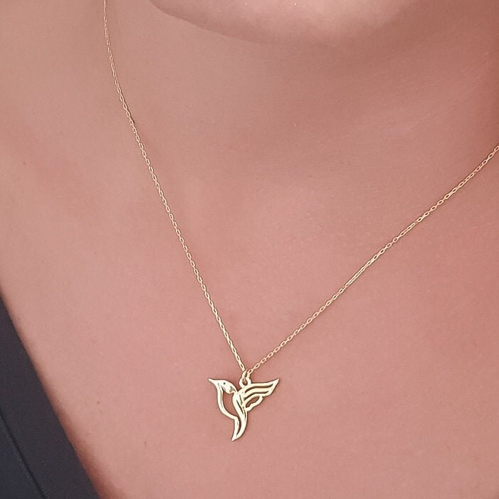 10k 14k 18k Solid Gold Hummingbird Necklace, Pigeon Charm Necklace for ...