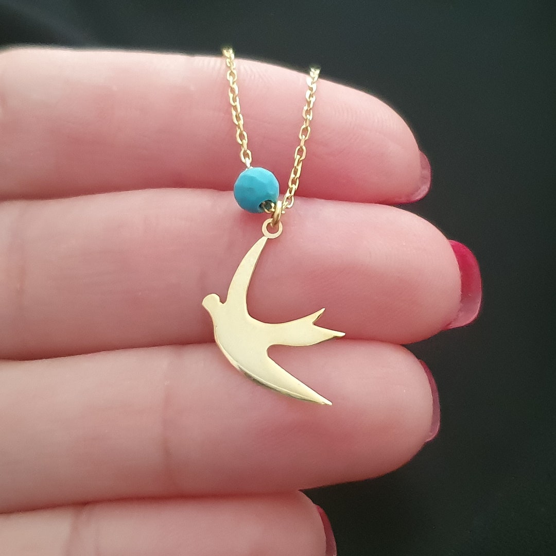 10k 14k 18k Solid Gold Bird Necklace, Dainty Swallow Charm Necklace ...