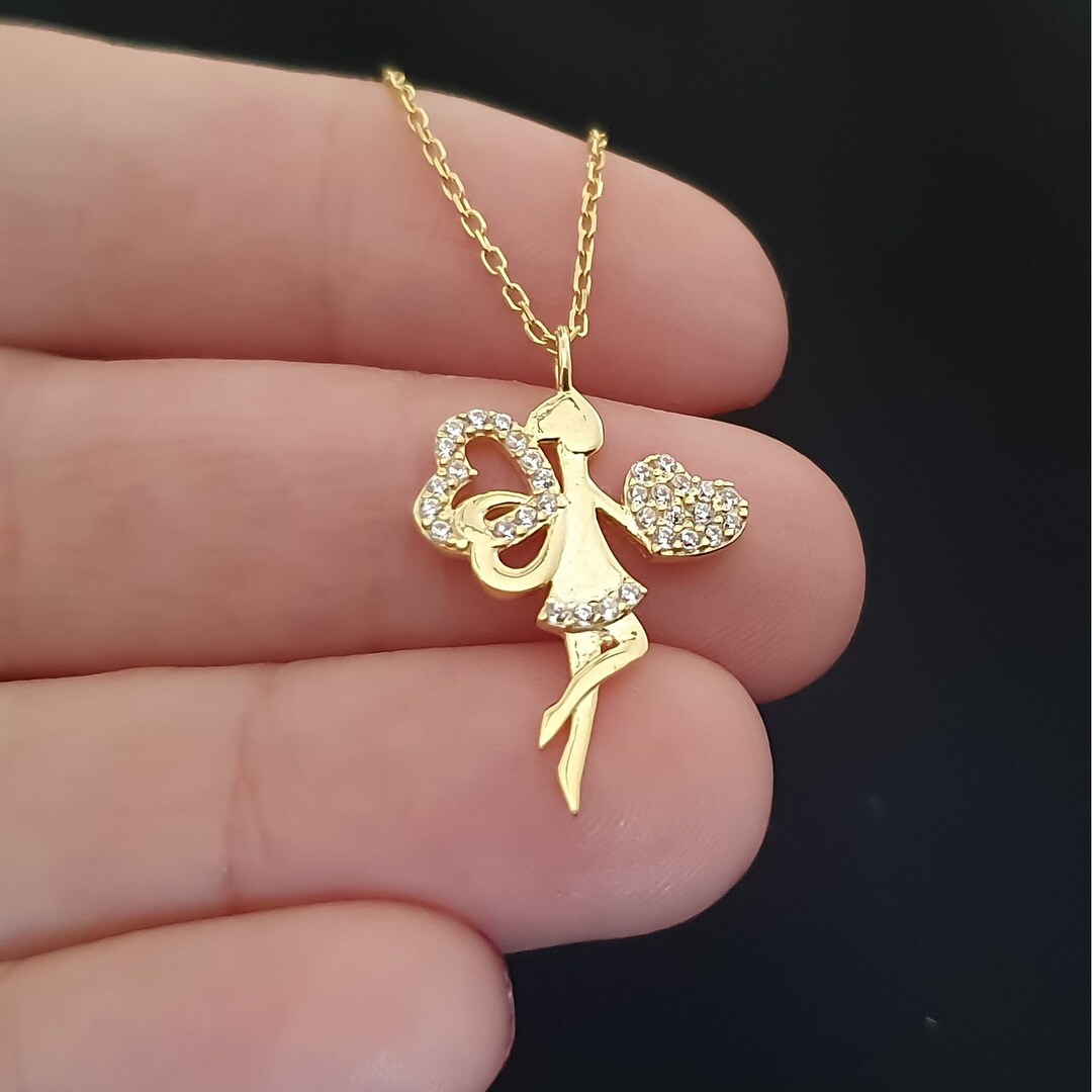 10k 14k 18k Solid Gold Angel Necklace, Angel Heart Pendant, Angel Love ...