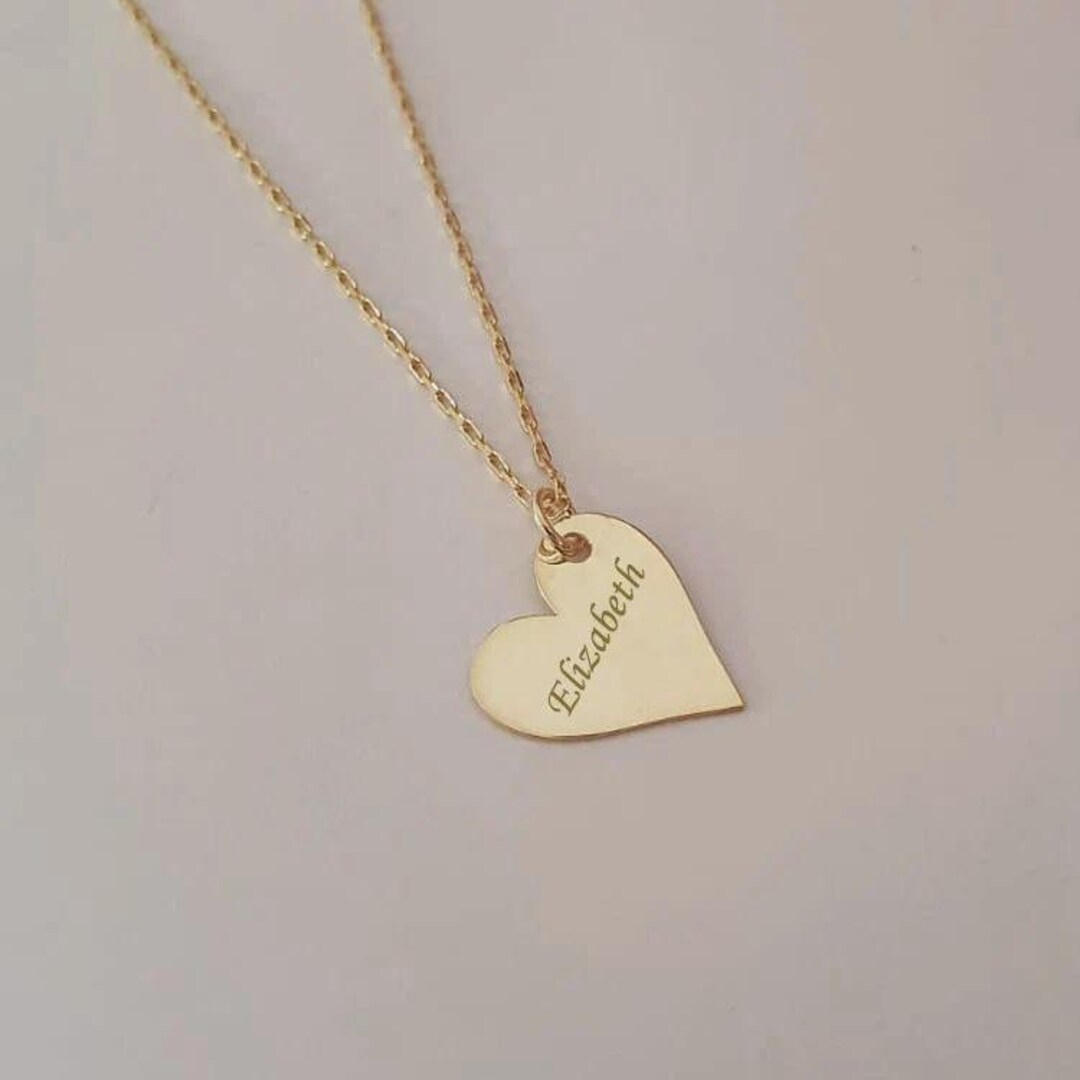 14k Solid Gold Custom Name Necklace, 18k Engraved Heart Charm Necklace ...