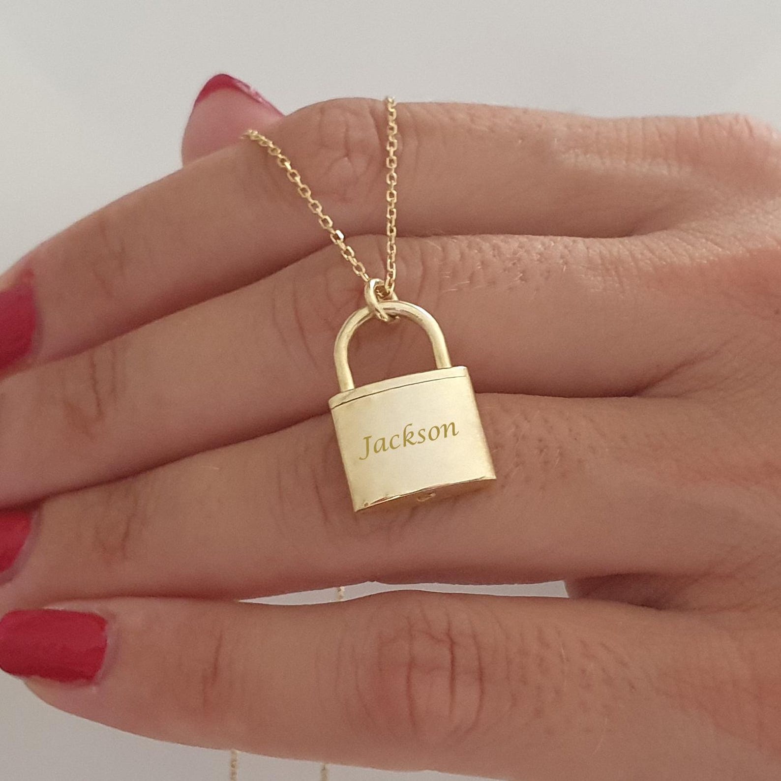 14k Solid Gold Custom Initial Padlock Necklace, 18k Engraved Padlock ...