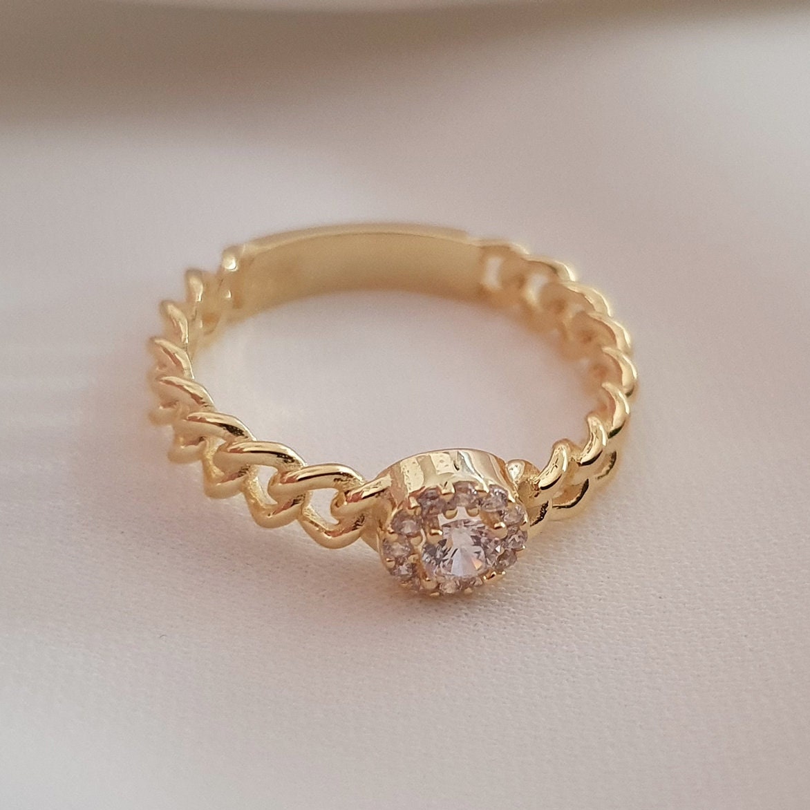 10k 14k 18k Solid Gold Solitaire Ring, Dainty Curb Chain Ring for Wife ...