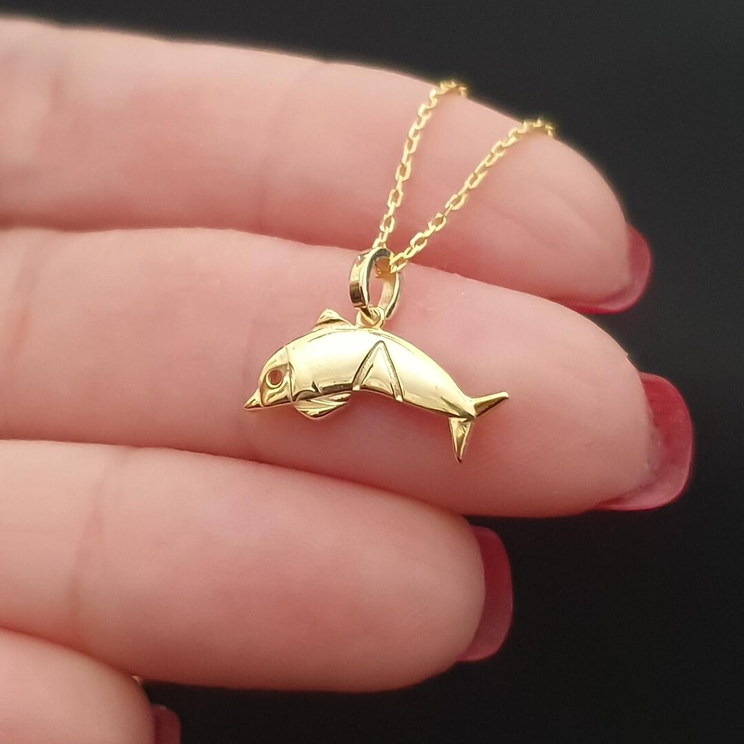 10k 14k 18k Solid Gold Fish Charm Necklace, Dolphin Necklace, Dainty ...