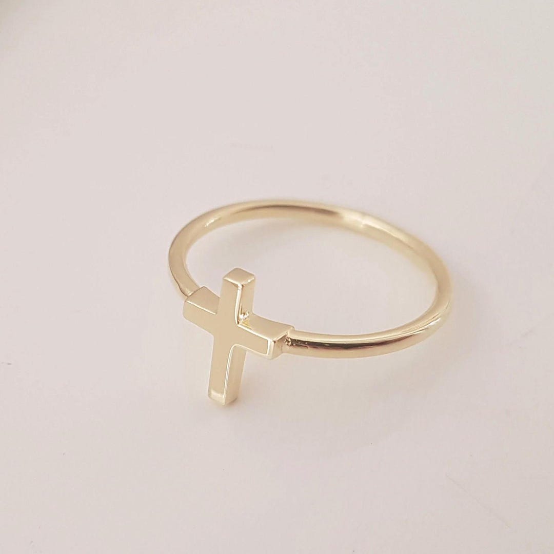 14k Solid Gold Minimalist Cross Ring for Women, 18k Gold Dainty Cross Religious Ring, Christian ...