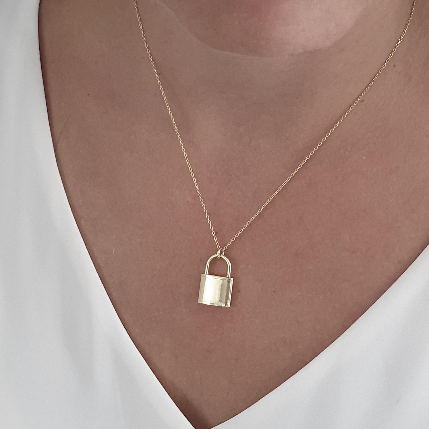 14k Solid Gold Custom Initial Padlock Necklace, 18k Engraved Padlock ...
