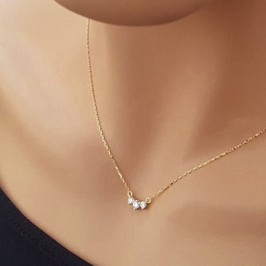 Diamond 3 Stone Necklace, Natural Diamond Cluster Necklace for Wife, Solid Gold Trio Diamond ...