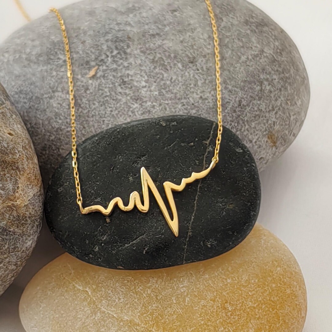 10k 14k 18k Solid Gold Heartbeat Pendant, ECG Rhythm Charm Necklace ...