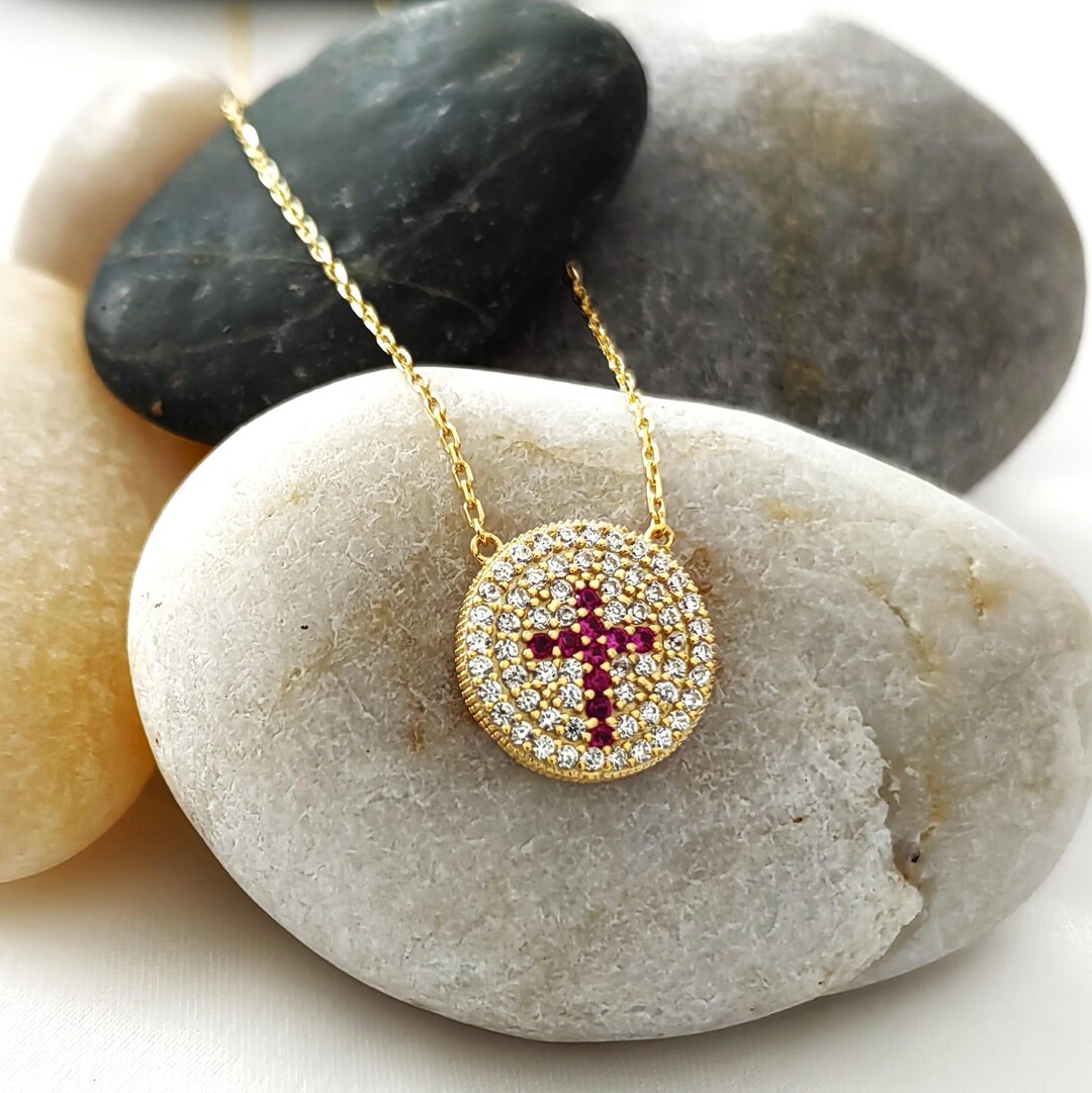 10k 14k 18k Solid Gold Ruby Cross Necklace, Cross Ruby Necklace for Women, July Birthstone Cross ...