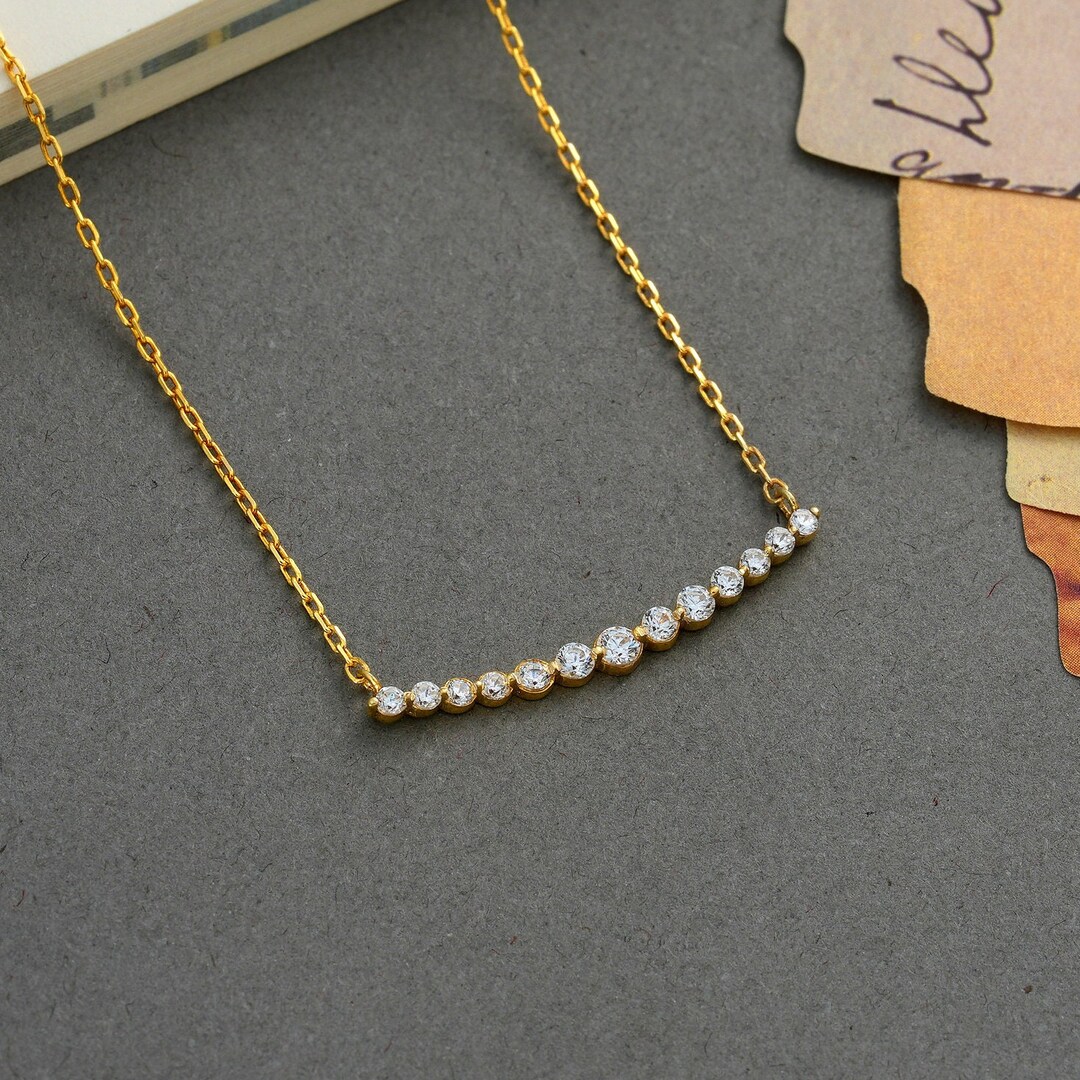 10k 14k 18k Solid Gold Bezel Set Bar Necklace, Dainty Curved Bar ...