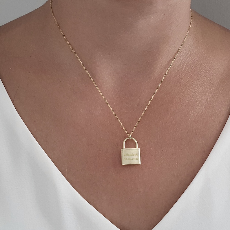14k Solid Gold Custom Initial Padlock Necklace, 18k Engraved Padlock ...