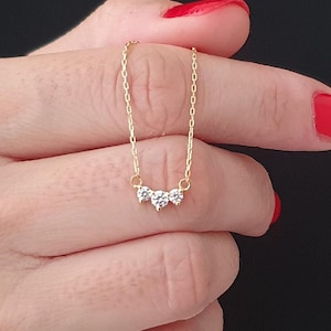 Diamond 3 Stone Necklace, Natural Diamond Cluster Necklace for Wife, Solid Gold Trio Diamond ...