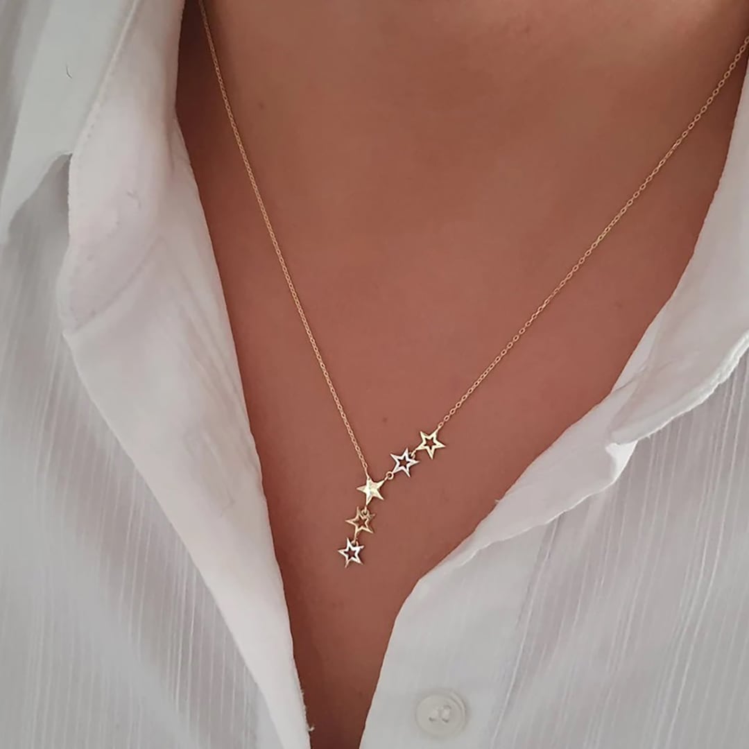 Solid Gold Star Necklace, Dainty Multi Star Necklace for Women, 5 Star ...