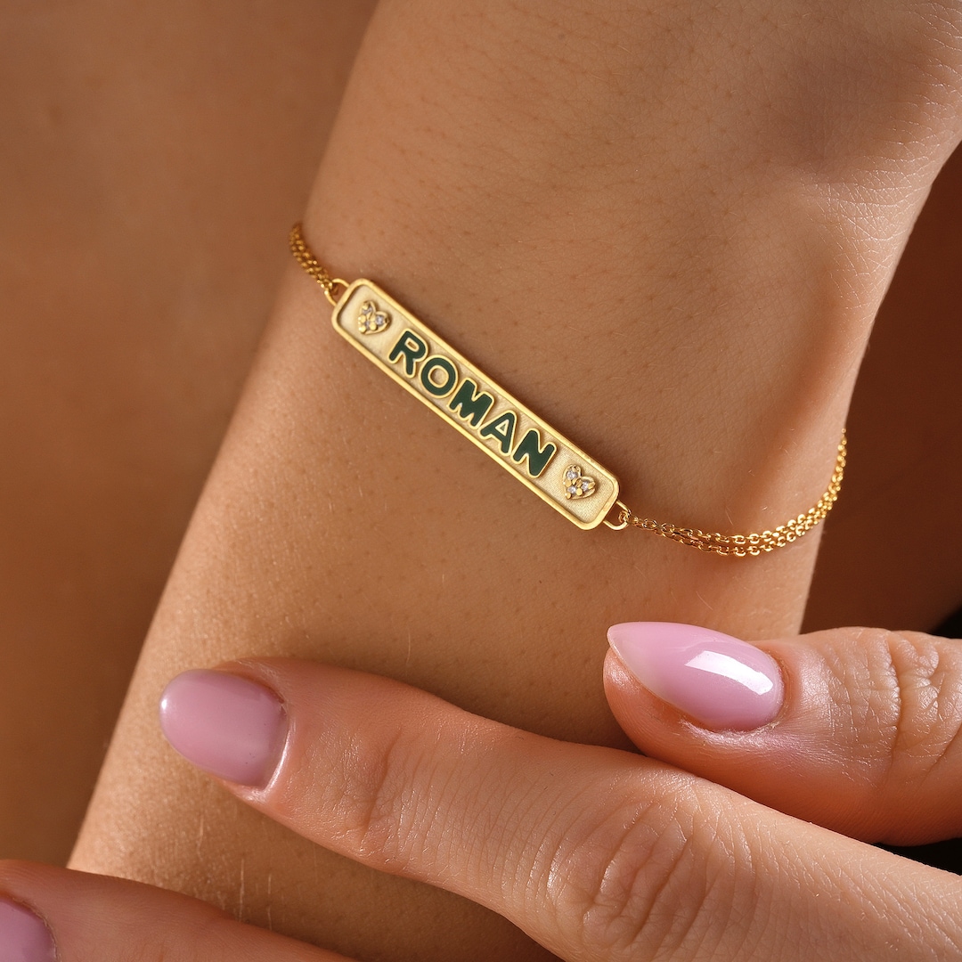 Solid Gold Bar Name Bracelet, Personalized Enamel Bar Bracelet, Custom ...