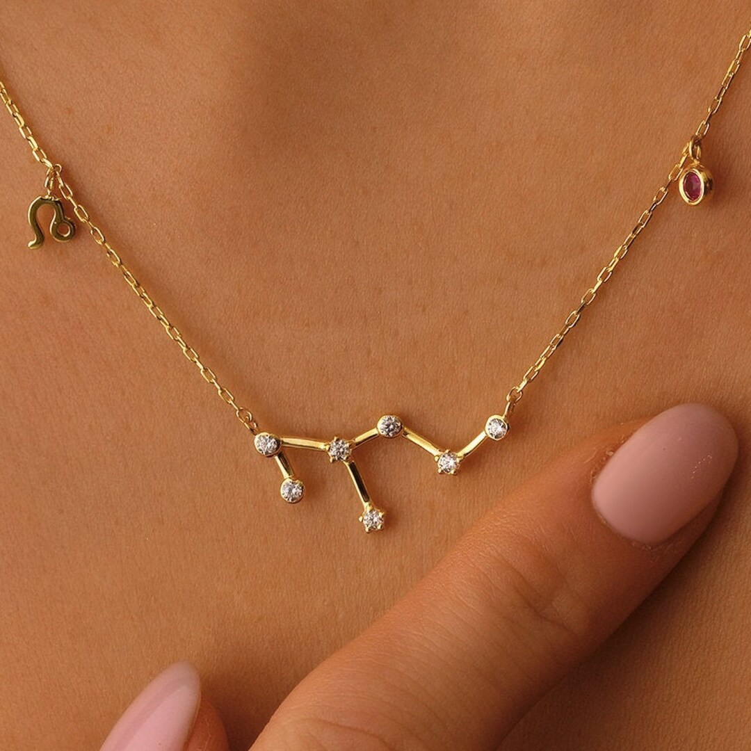 10k 14k 18k Solid Gold Leo Constellation Necklace, Personalized Zodiac Leo Charm, Gold Leo ...
