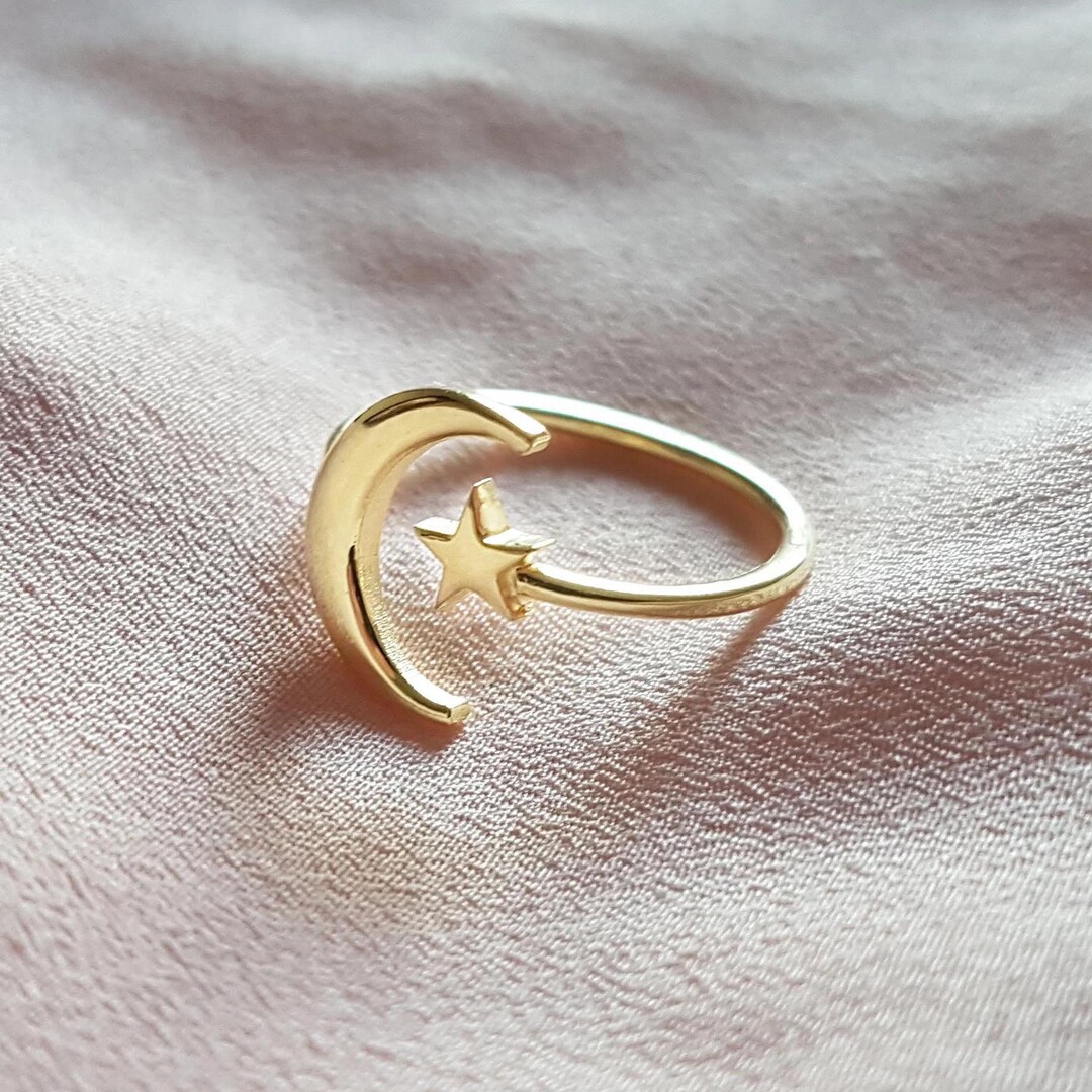 14k Solid Gold Moon and Star Ring for Her, 18k Gold Dainty Crescent ...