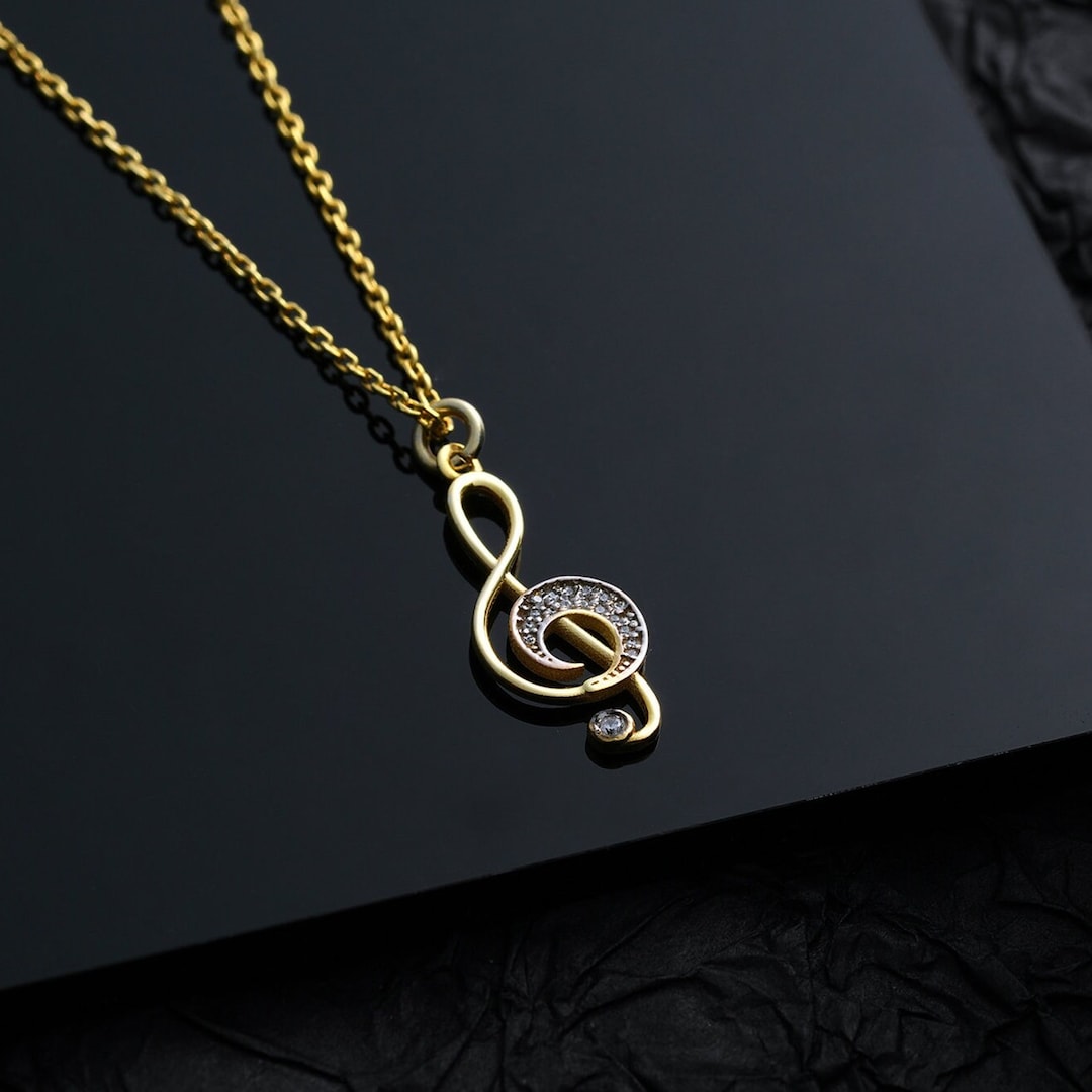 10k 14k 18k Solid Gold Treble Clef Necklace, Dainty Musical Note Charm ...