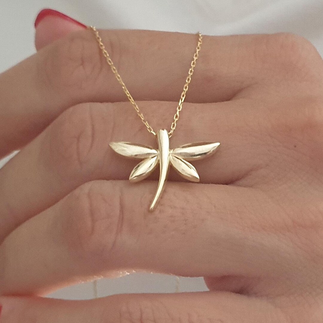 14k Solid Gold Dragonfly Necklace, 18k Dragonfly Charm Necklace for ...