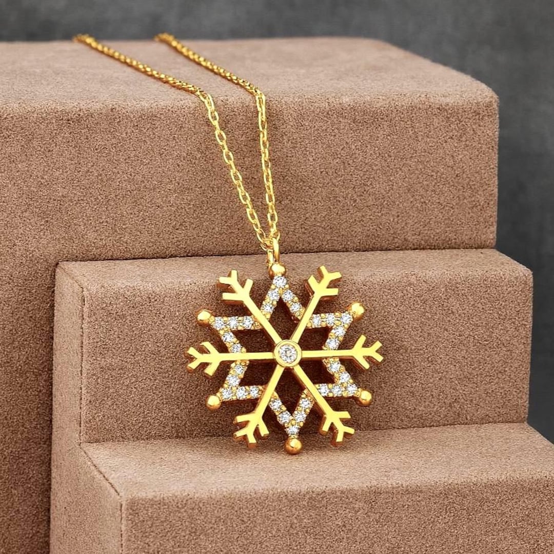 14K Gold Snowflake Pendant, 18K Zirconia Winter Necklace, Solid Gold ...