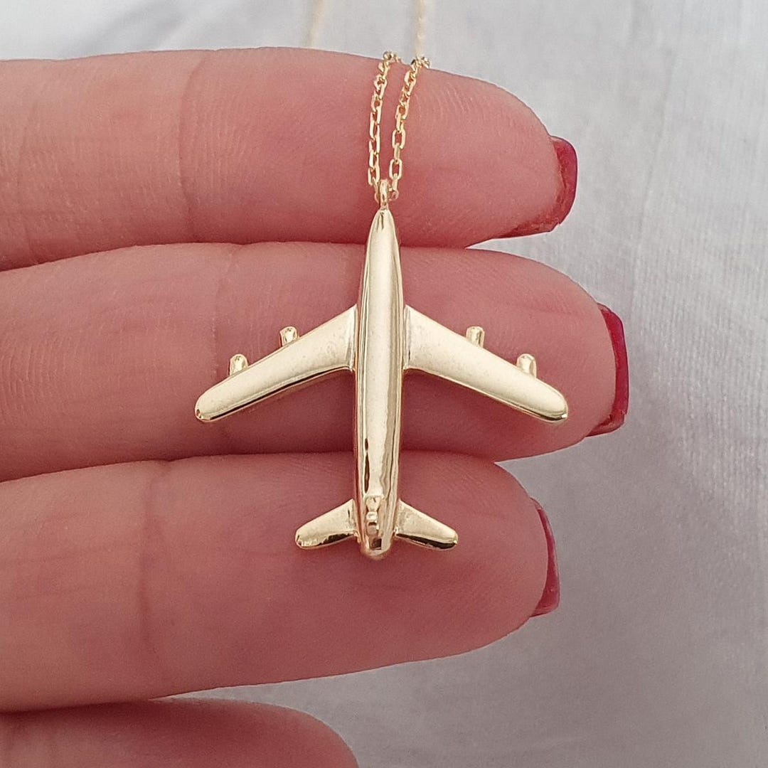 14k Solid Gold Airplane Necklace, Dainty Plane 18k Real Gold Charm ...