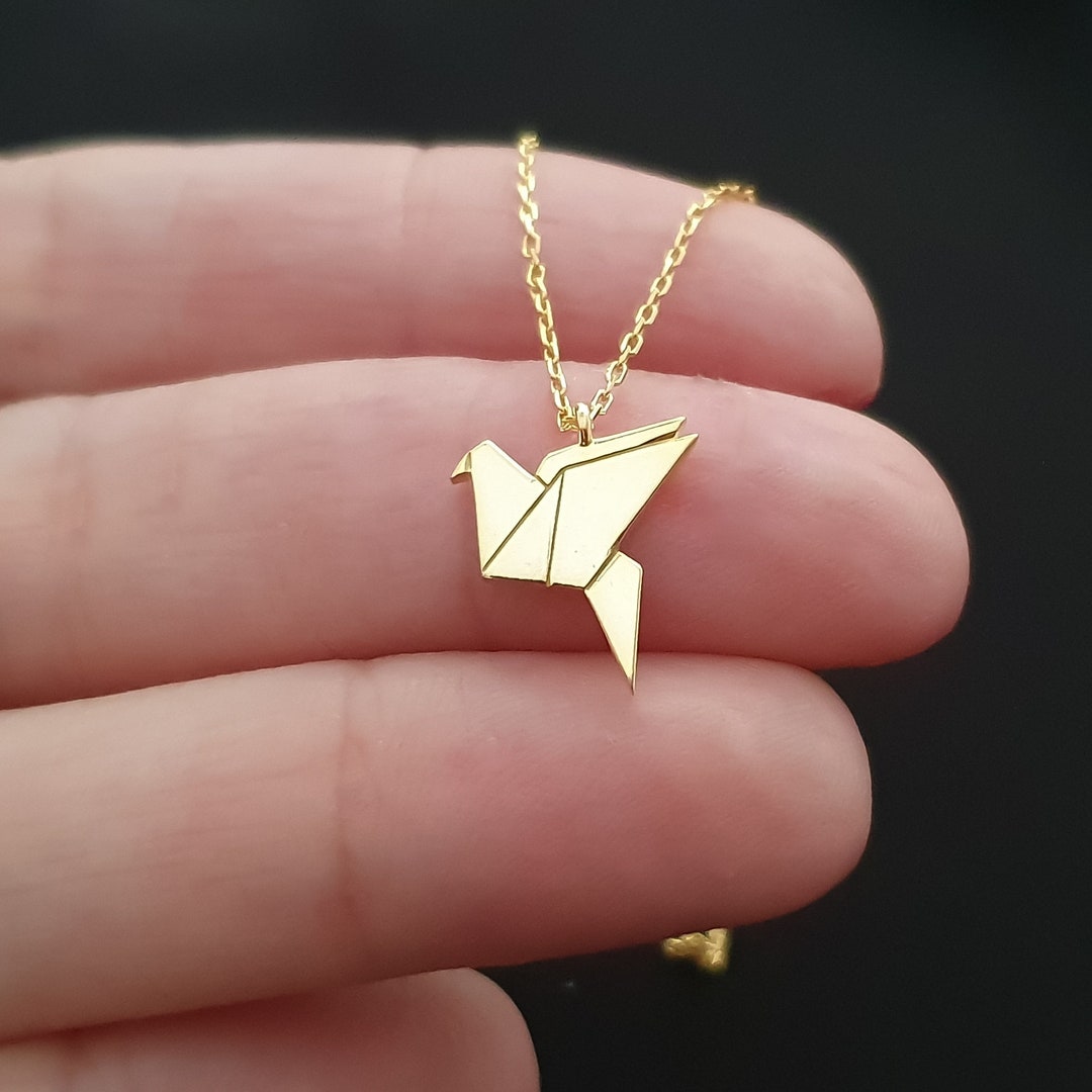 10k 14k 18k Solid Gold Origami Pigeon Necklace, Dainty Bird Charm ...