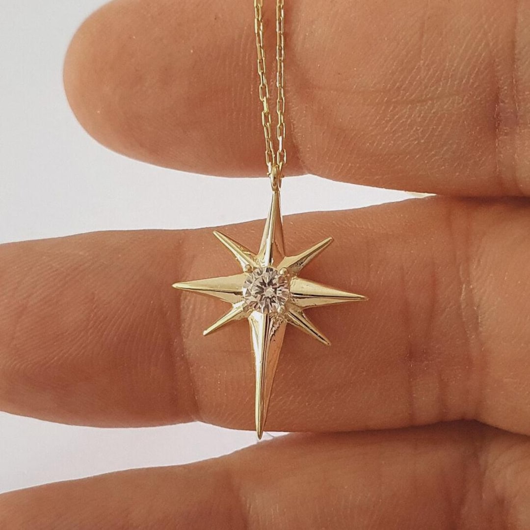 Solid Gold North Star Necklace, 14k 18k 10k Gold Celestial Pole Star ...