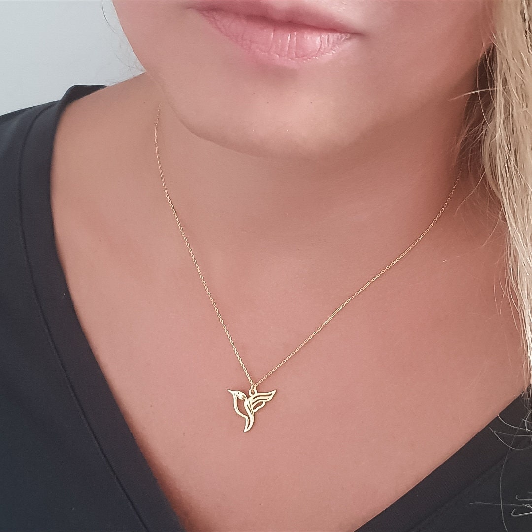 10k 14k 18k Solid Gold Hummingbird Necklace, Pigeon Charm Necklace for ...