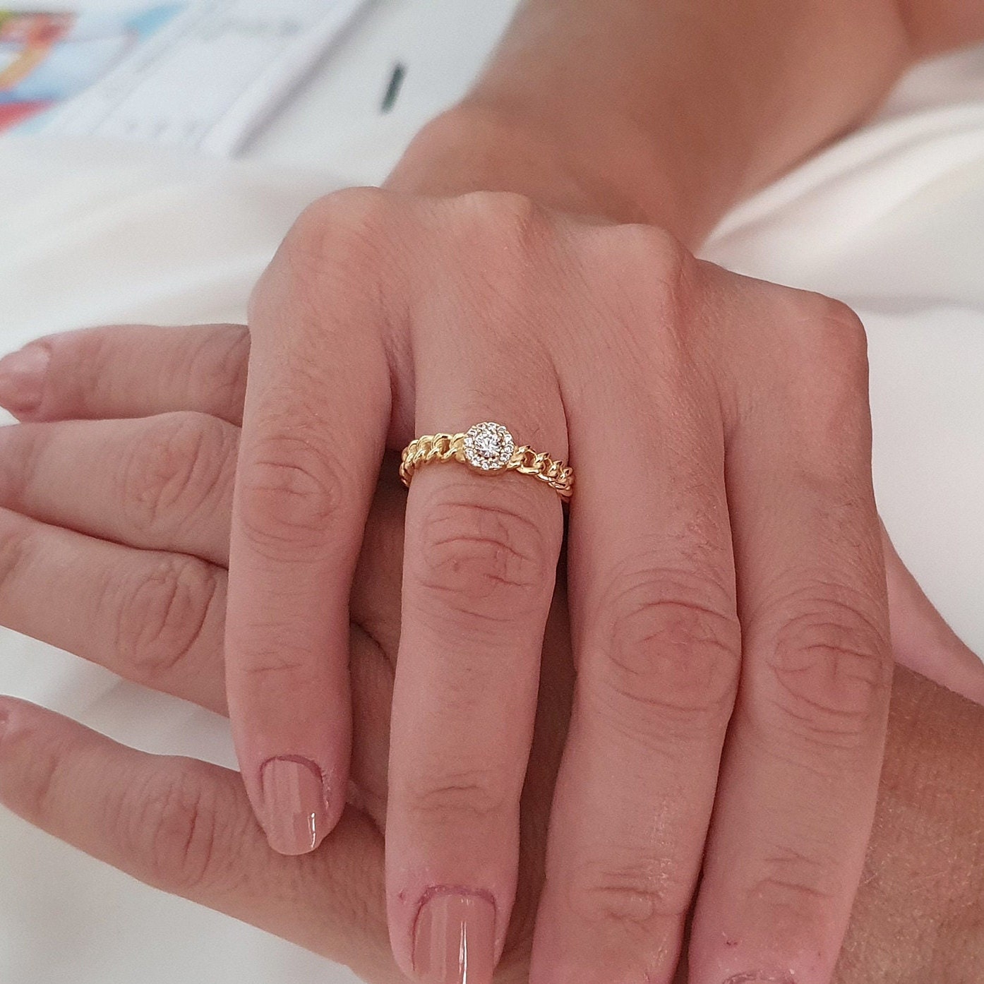 10k 14k 18k Solid Gold Solitaire Ring, Dainty Curb Chain Ring for Wife ...