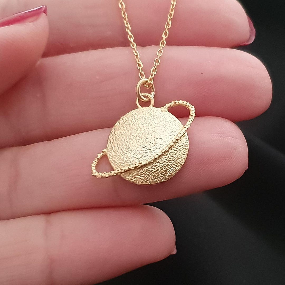 10k 14k 18k Solid Gold Planet Necklace, Dainty Planet Saturn Charm ...