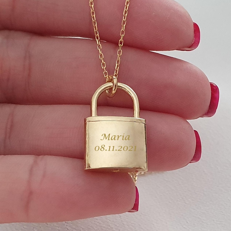 14k Solid Gold Custom Initial Padlock Necklace, 18k Engraved Padlock ...