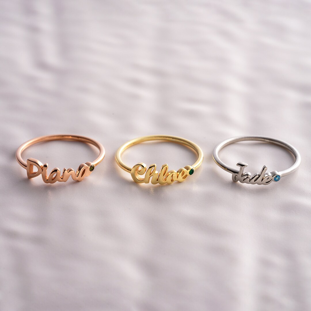 10k 14k 18k Real Gold Custom Name Ring, Personalized Birthstone Ring ...