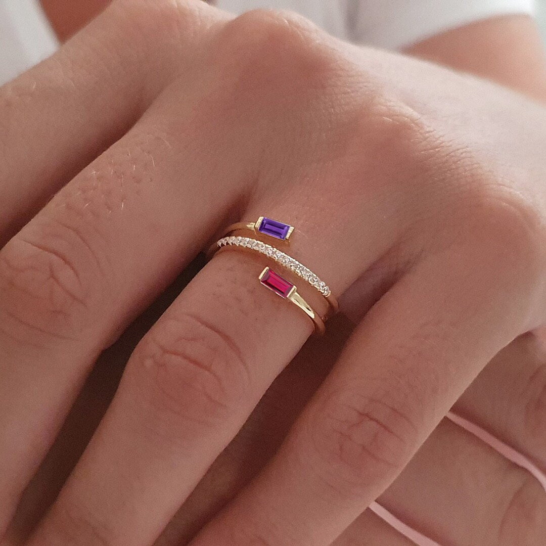 10k 14k 18k Solid Gold Custom Baguette Ring, Personalized Birthstone Ring for Birthday Gift ...