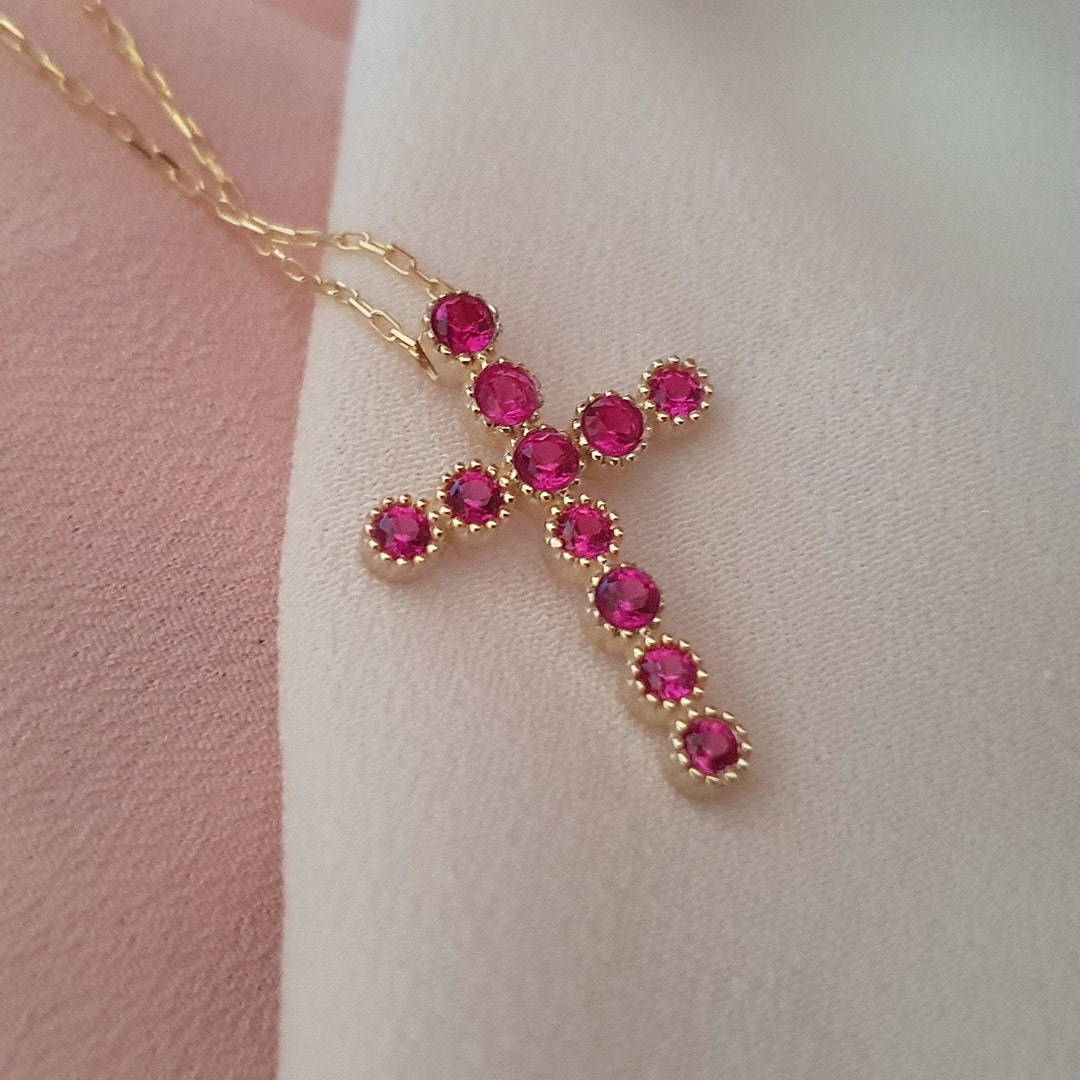 10k 14k 18k Solid Gold Ruby Cross Necklace, Cross Ruby Necklace for Women, July Birthstone Cross ...