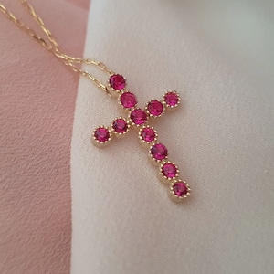 10k 14k 18k Solid Gold Ruby Cross Necklace, Cross Ruby Necklace for Women, July Birthstone Cross ...