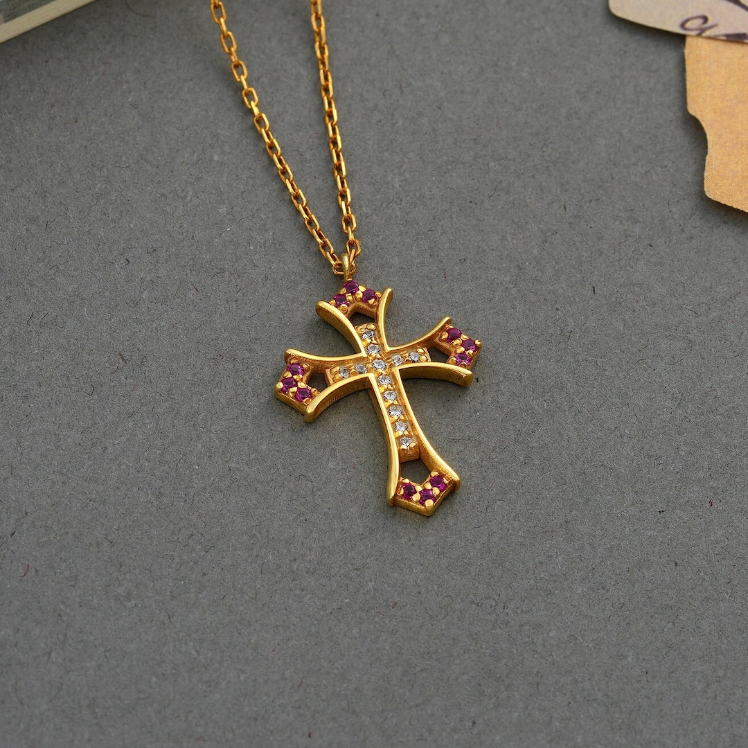 14k Solid Gold Cross Necklace for Women, 18k Gold Dainty Ruby Cross Charm Necklace, Elegant ...
