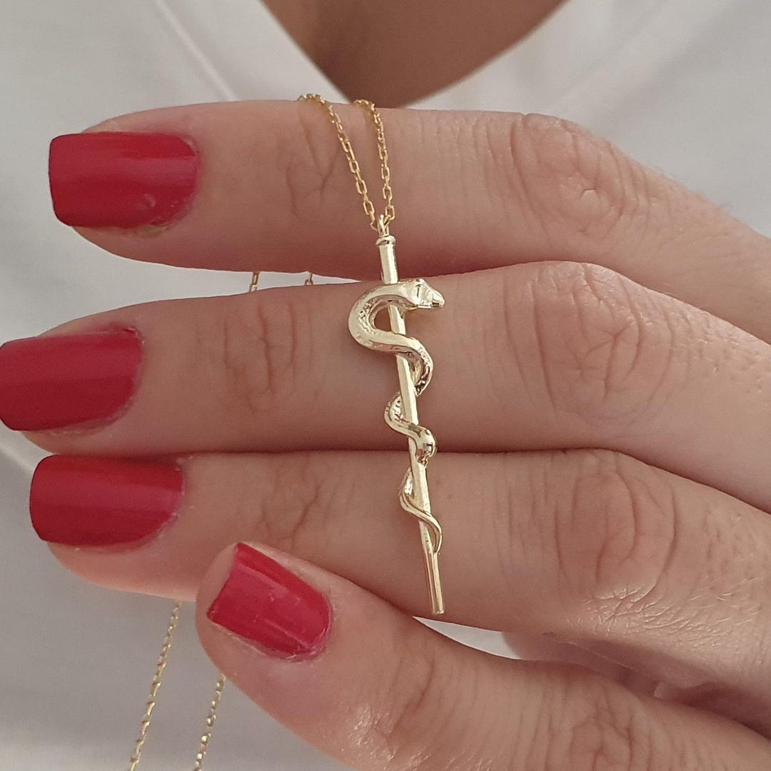 14k Solid Gold Rod of Asclepius Symbol Pendant, for Doctors 18k Gold ...