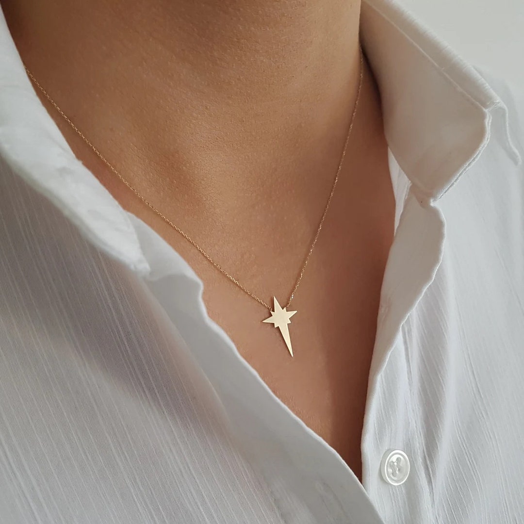 Solid Gold North Star Necklace, Tiny Pole Star Charm Necklace for ...