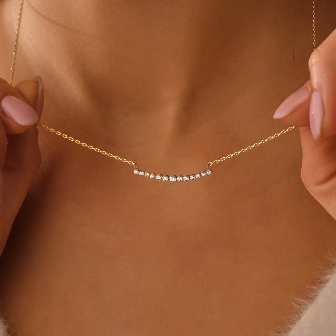 10k 14k 18k Solid Gold Bezel Set Bar Necklace, Dainty Curved Bar ...