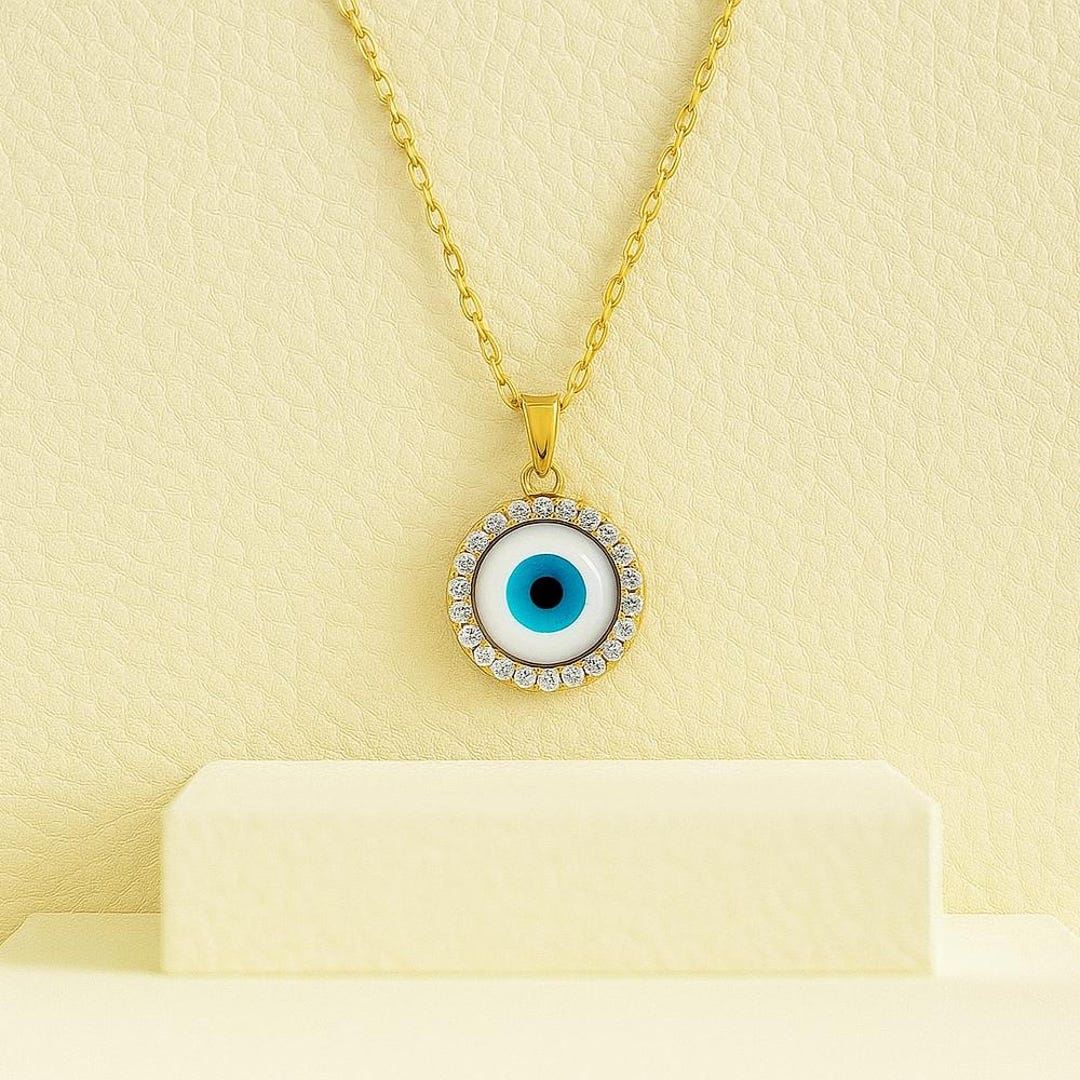 14k Solid Gold Tiny Evil Eye Necklace, Protection 18k Real Gold Charm ...