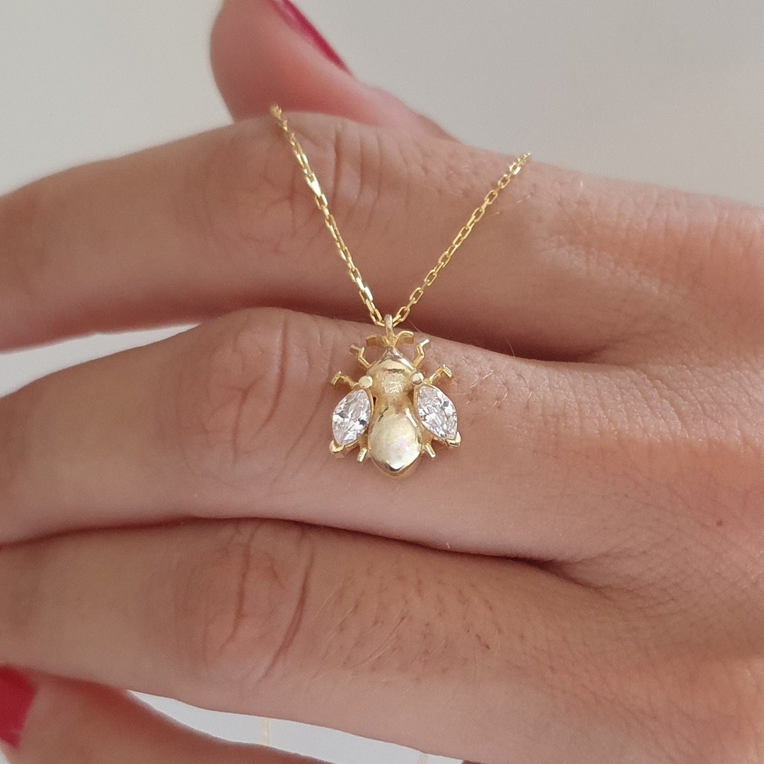 10k 14k 18k Solid Gold Bee Necklace, Dainty Honey Bee Charm Necklace ...
