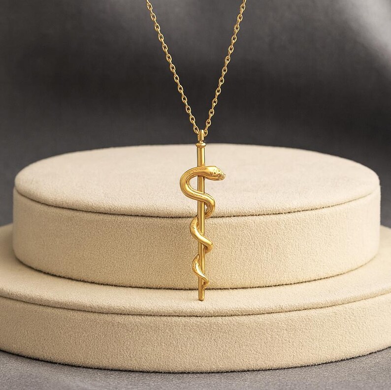 14k Solid Gold Rod of Asclepius Symbol Pendant, for Doctors 18k Gold ...