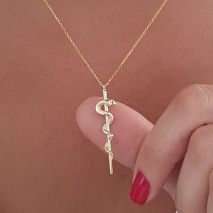 Solid Gold Caduceus Symbol Necklace for Nurse, Caduceus Charm Pendant ...
